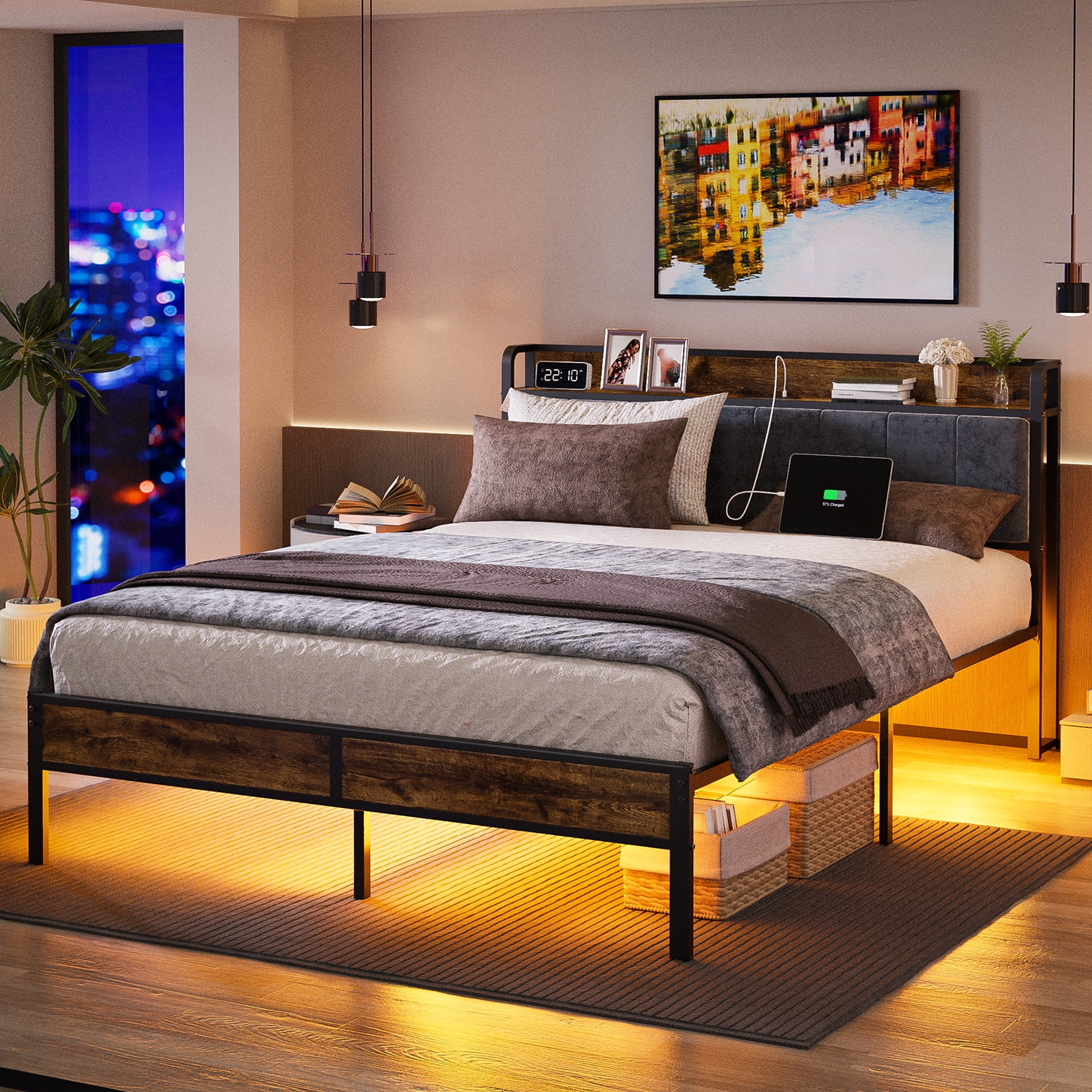 OLEVS Queen Bed Frame with Headboard, LED Light, Charging Station, No ...