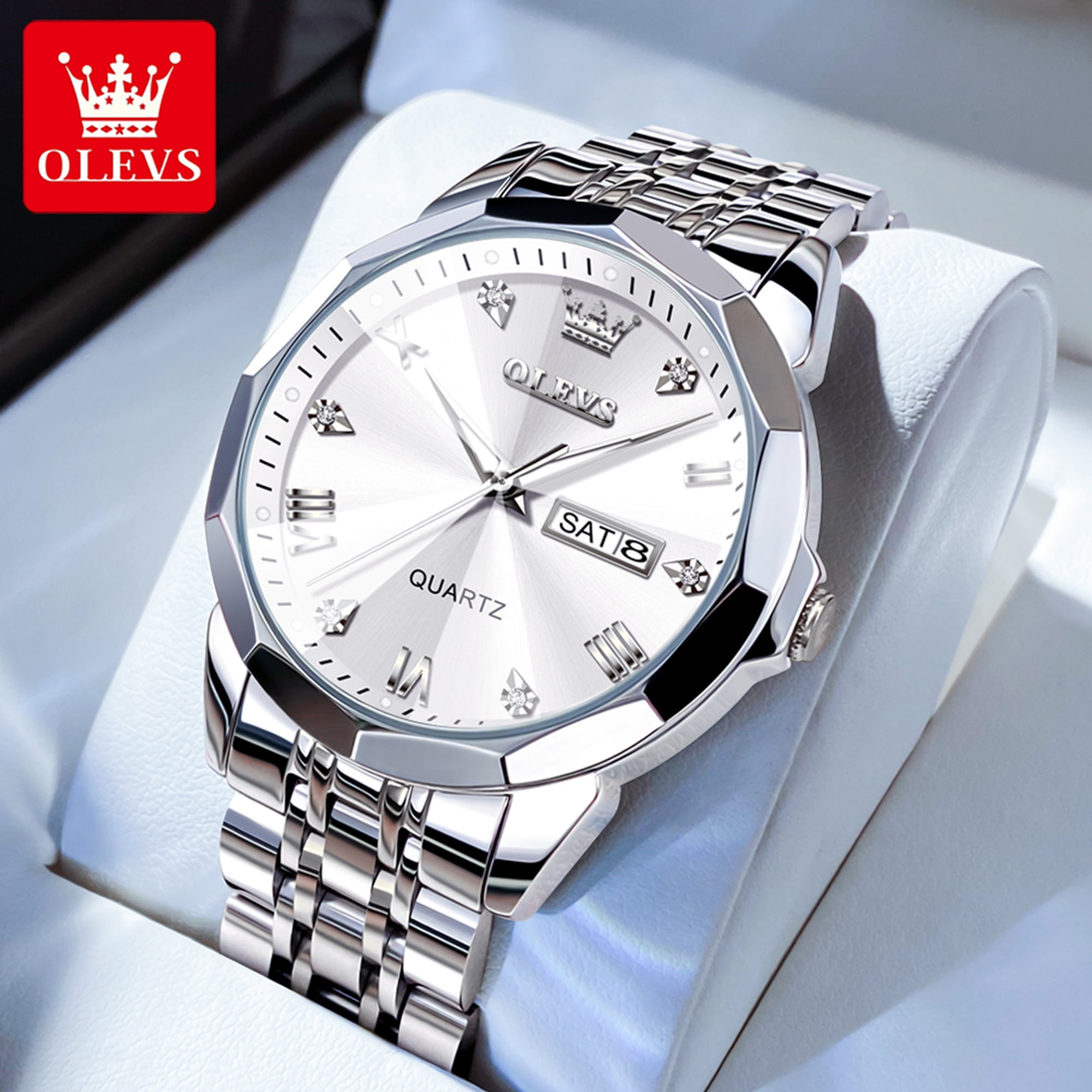 OLEVS Silver Watch for Men Diamond Luxury Casual Stainless Steel Date ...