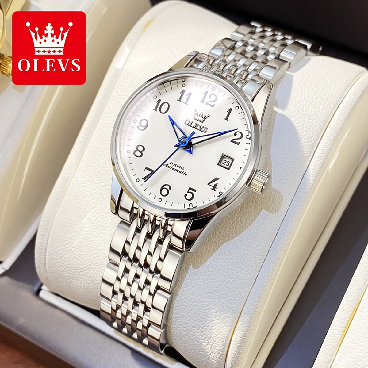 OLEVS Silver Watches for Women Self-winding Luxury Dress Date Small ...