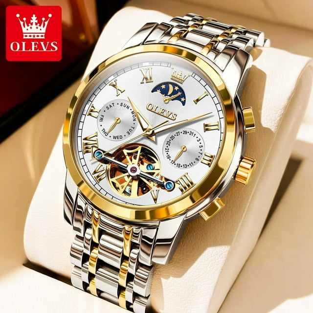 OLEVS Men's Automatic Skeleton Watch, Moon Phase, Luxury Dress ...