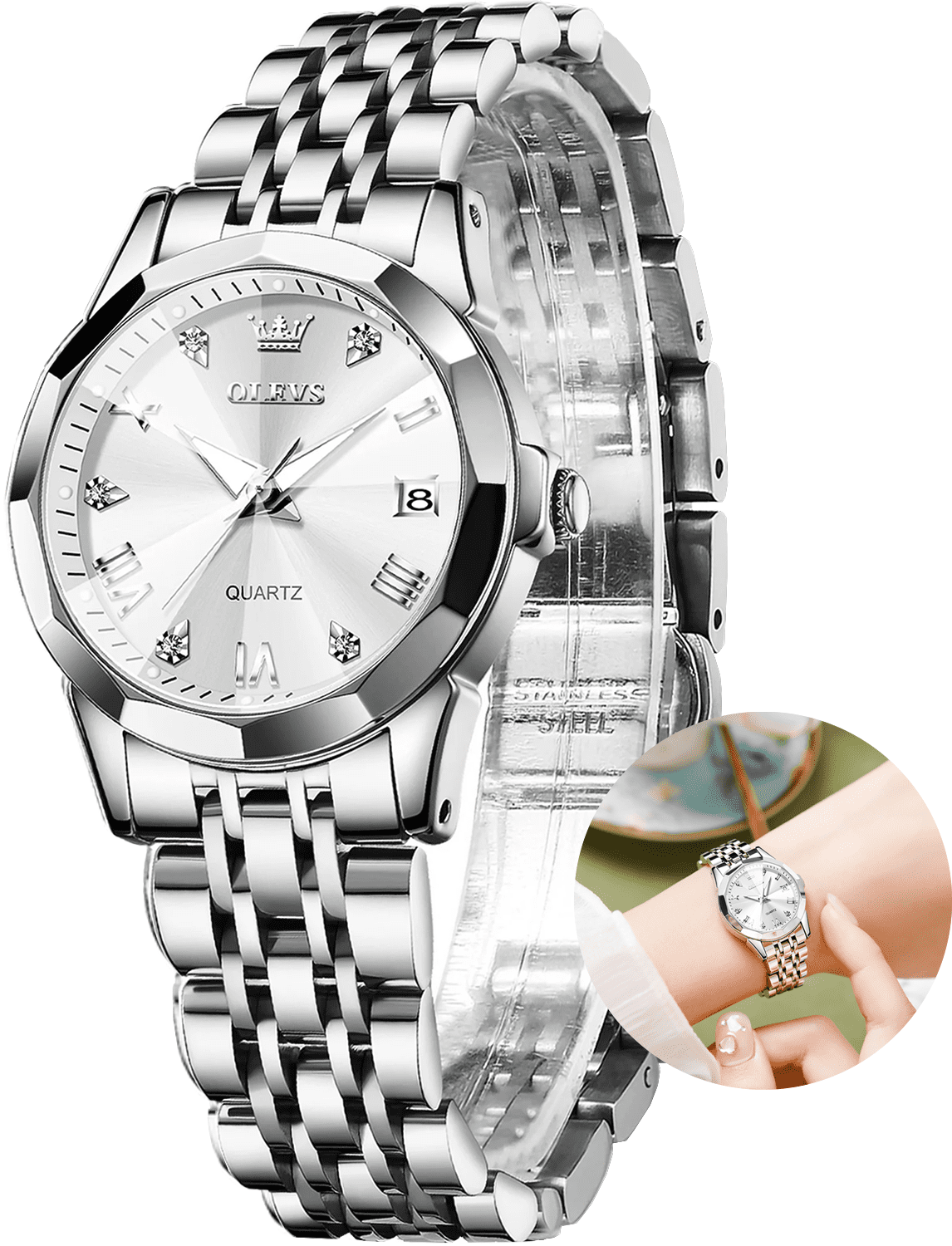 OLEVS Sliver Womens Watches Classic Dial Watches Sliver Stainless Steel ...