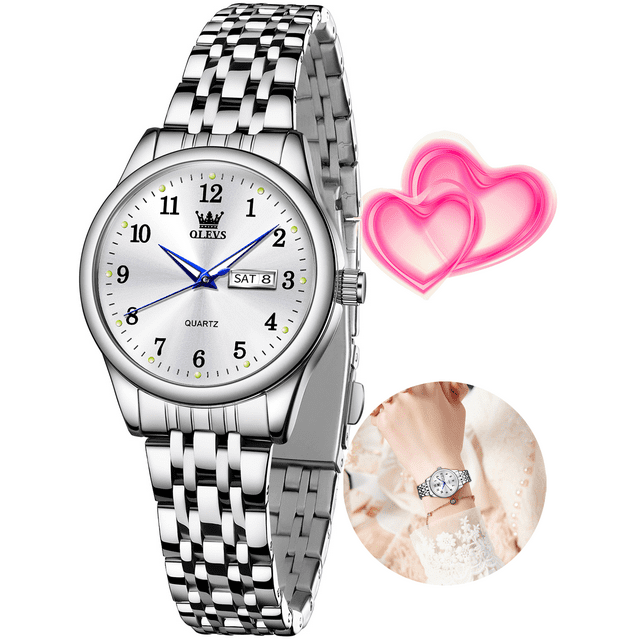 OLEVS Sliver Womens Watches Day Date Watches White Dial Watches For ...
