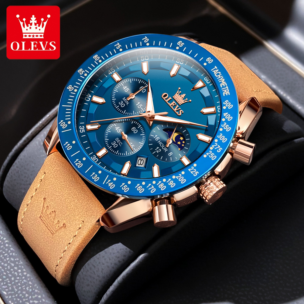 OLEVS Sport Watches for Men Fashion Chronograph Design Leather Strap ...