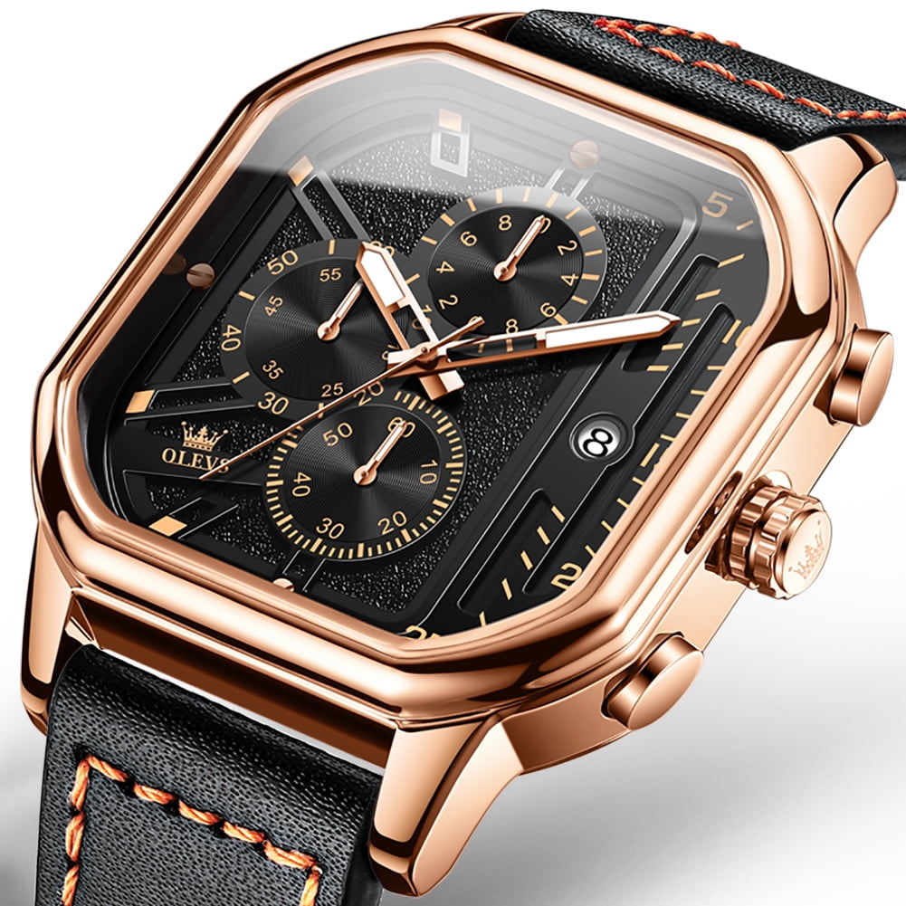 OLEVS Square Watches for Men Black Leather Chronograph Analog Quartz ...