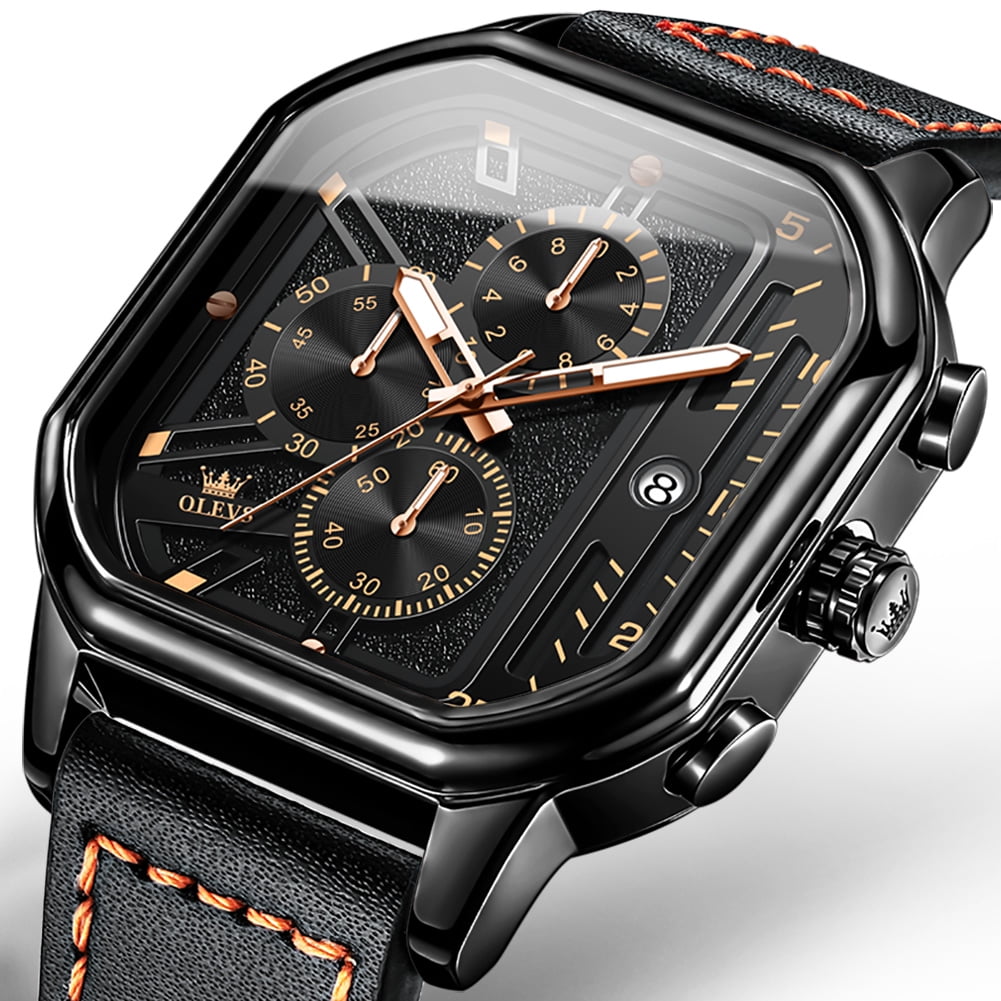 OLEVS Square Watches for Men Black Leather Chronograph Analog Quartz ...
