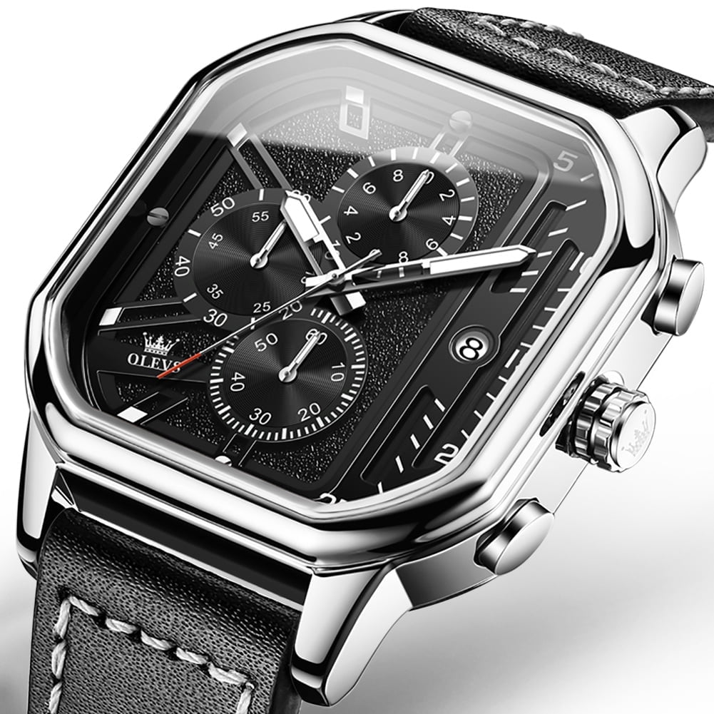 OLEVS Square Watches for Men Black Leather Chronograph Analog Quartz ...