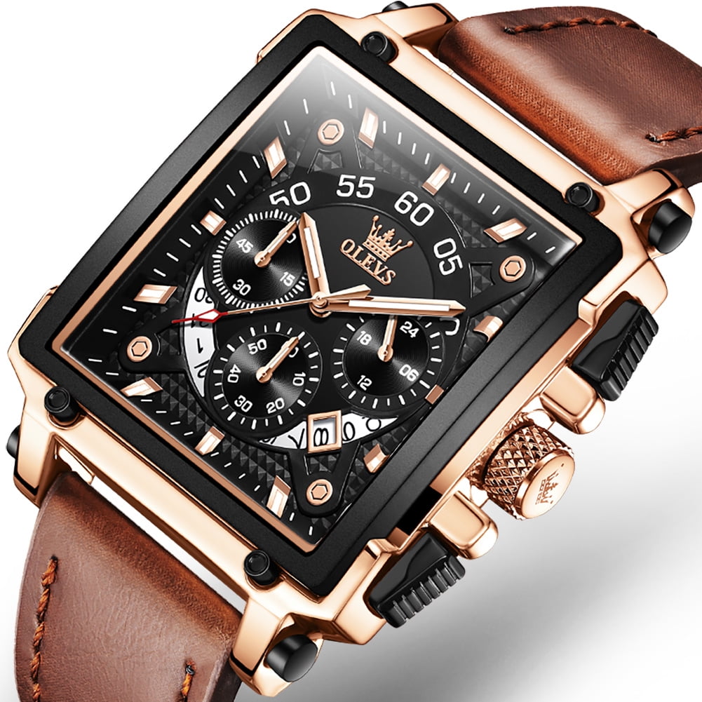 OLEVS Square Watches for Men Brown Leather Chronograph Fashion Business ...