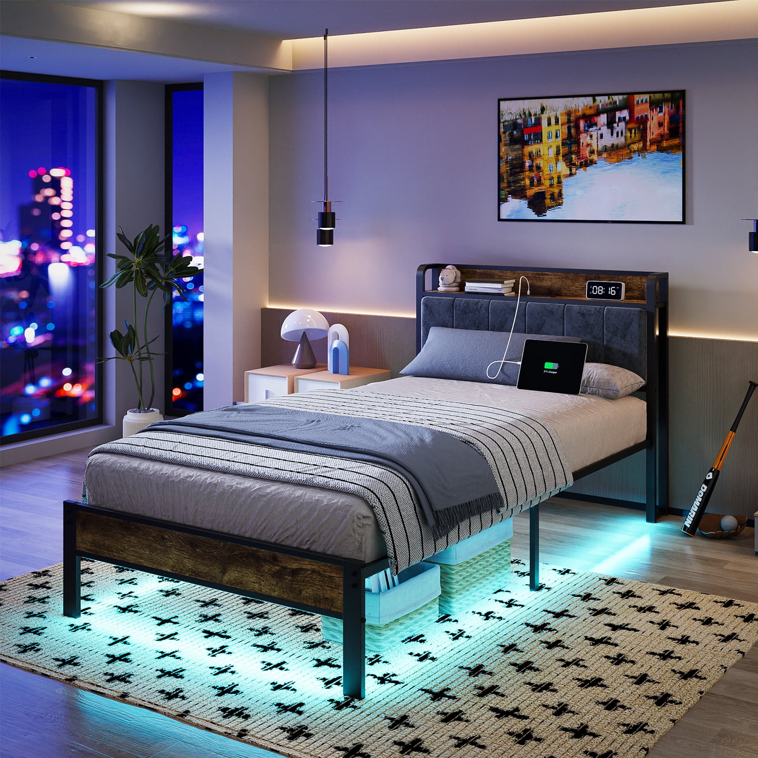 OLEVS Twin Platform Bed Frame with Headboard, USB Charging Station and ...