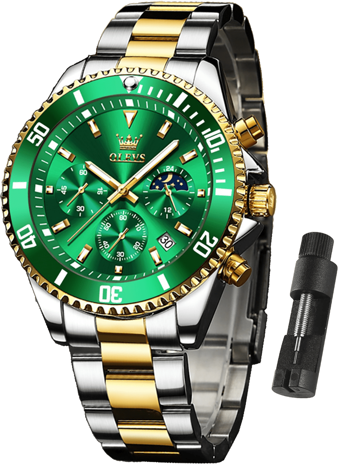 OLEVS Watch for Men Green Watches for Men Gold and Silver Stainless ...