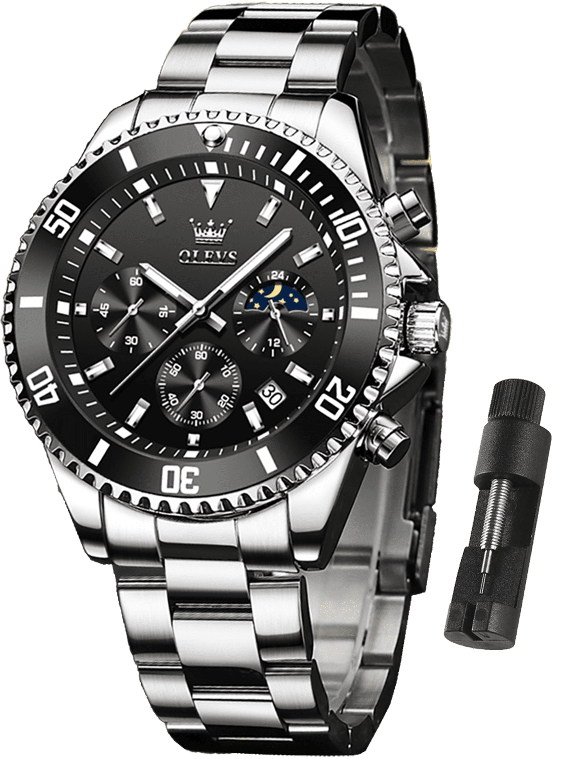 OLEVS Men's Silver Stainless Steel Watch with Large Black Dial ...