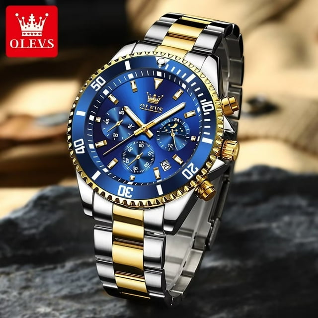 OLEVS Watch for Men Blue Watches for Men Gold and Silver Stainless ...