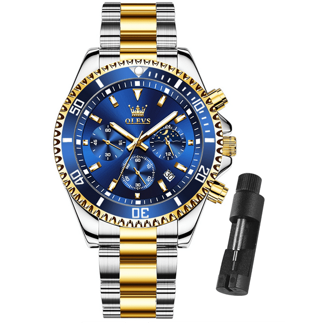 OLEVS Watch for Men Blue Watches for Men Gold and Silver Stainless ...