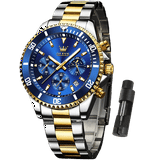 OLEVS Large Blue Face Men's Watch - Gold and Silver Stainless Steel ...