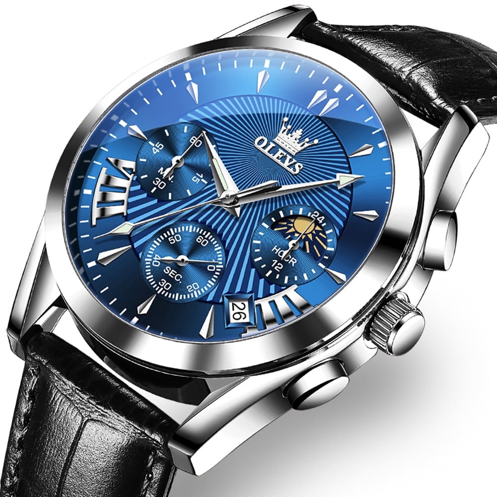 OLEVS Chronograph Watch for Men, Black Leather, Gold Plated Case, Large ...