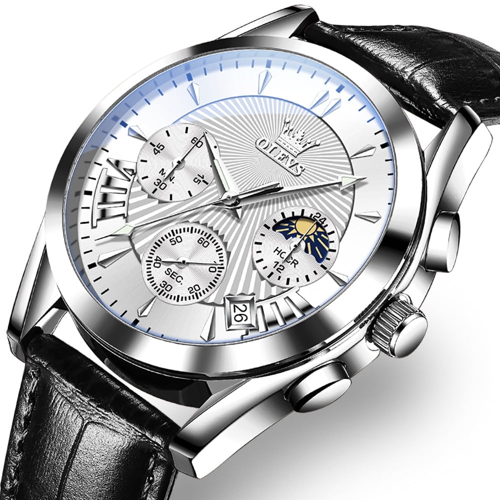 OLEVS Watches for Men Chronograph Black Leather Gold Plated Case Analog ...