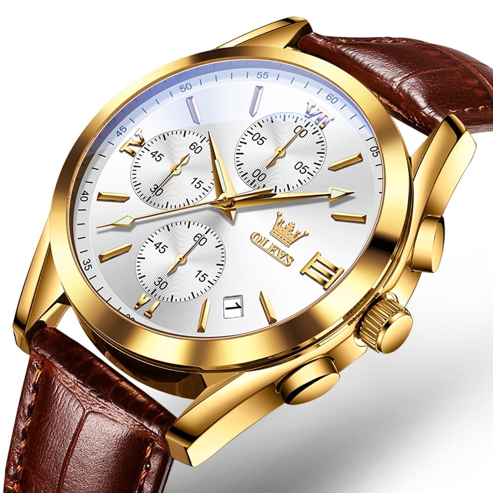 OLEVS Watches for Men Chronograph Leather Gold Case Analog Quartz ...
