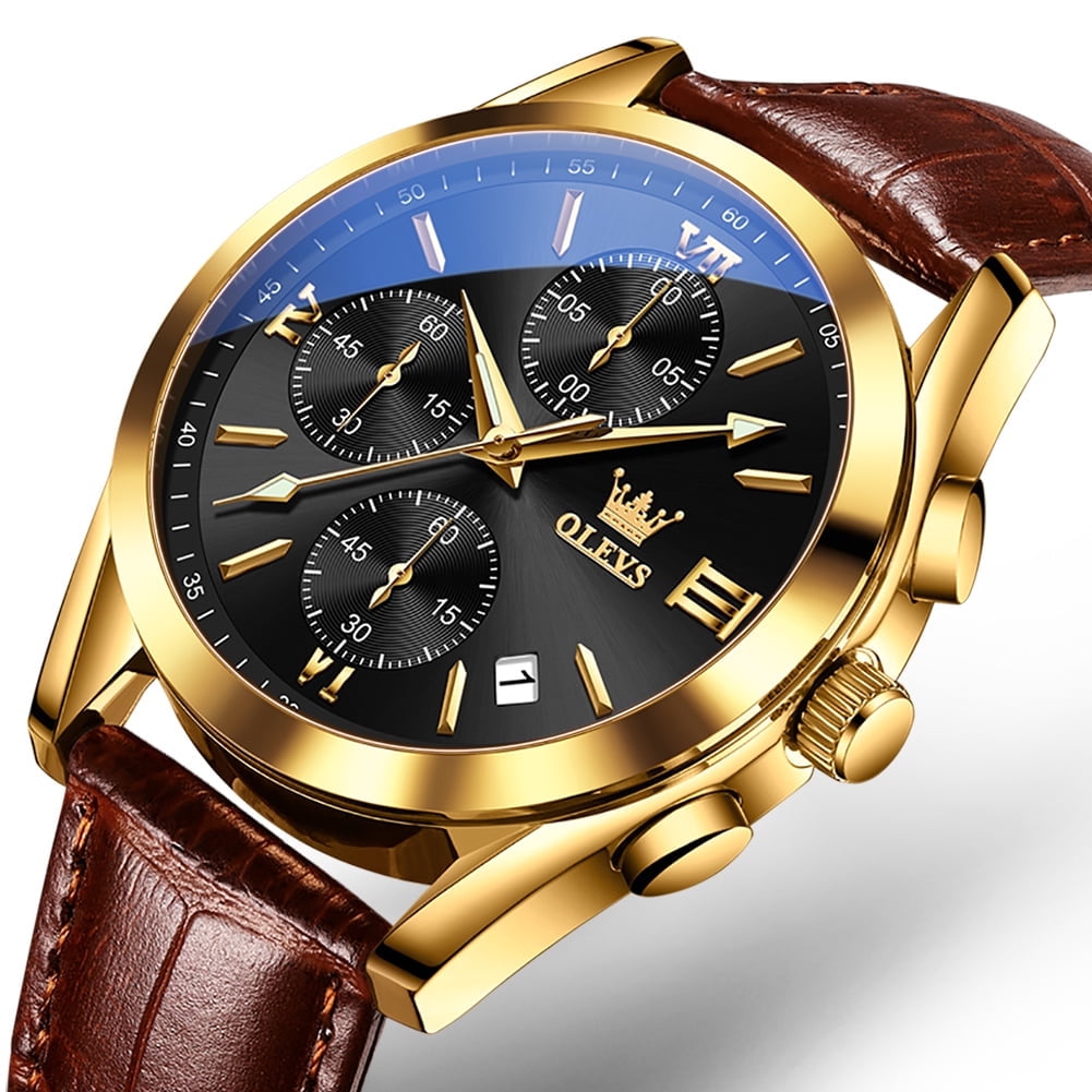 OLEVS Watches for Men Chronograph Leather Gold Plated Case Analog ...