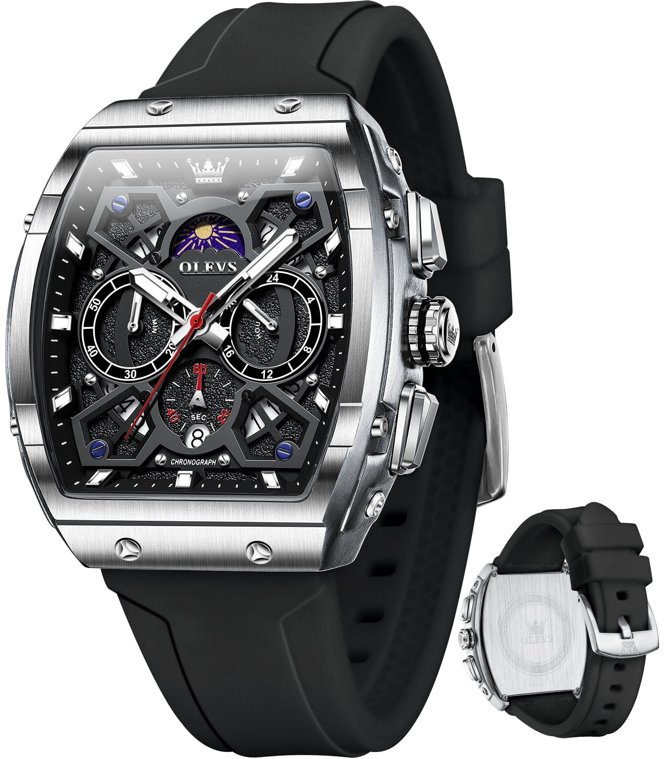 OLEVS Men Watches, Square Dial Quartz, Chronograph, Moon Phase Calendar ...
