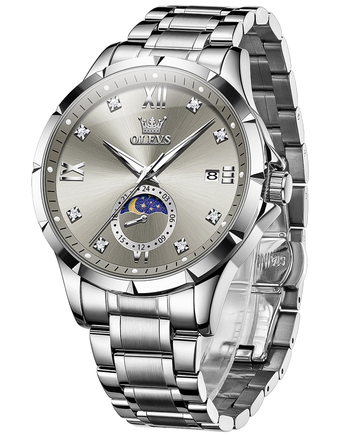 OLEVS Watches for Men Diamond Business Dress Casual Analog Moon Phase ...