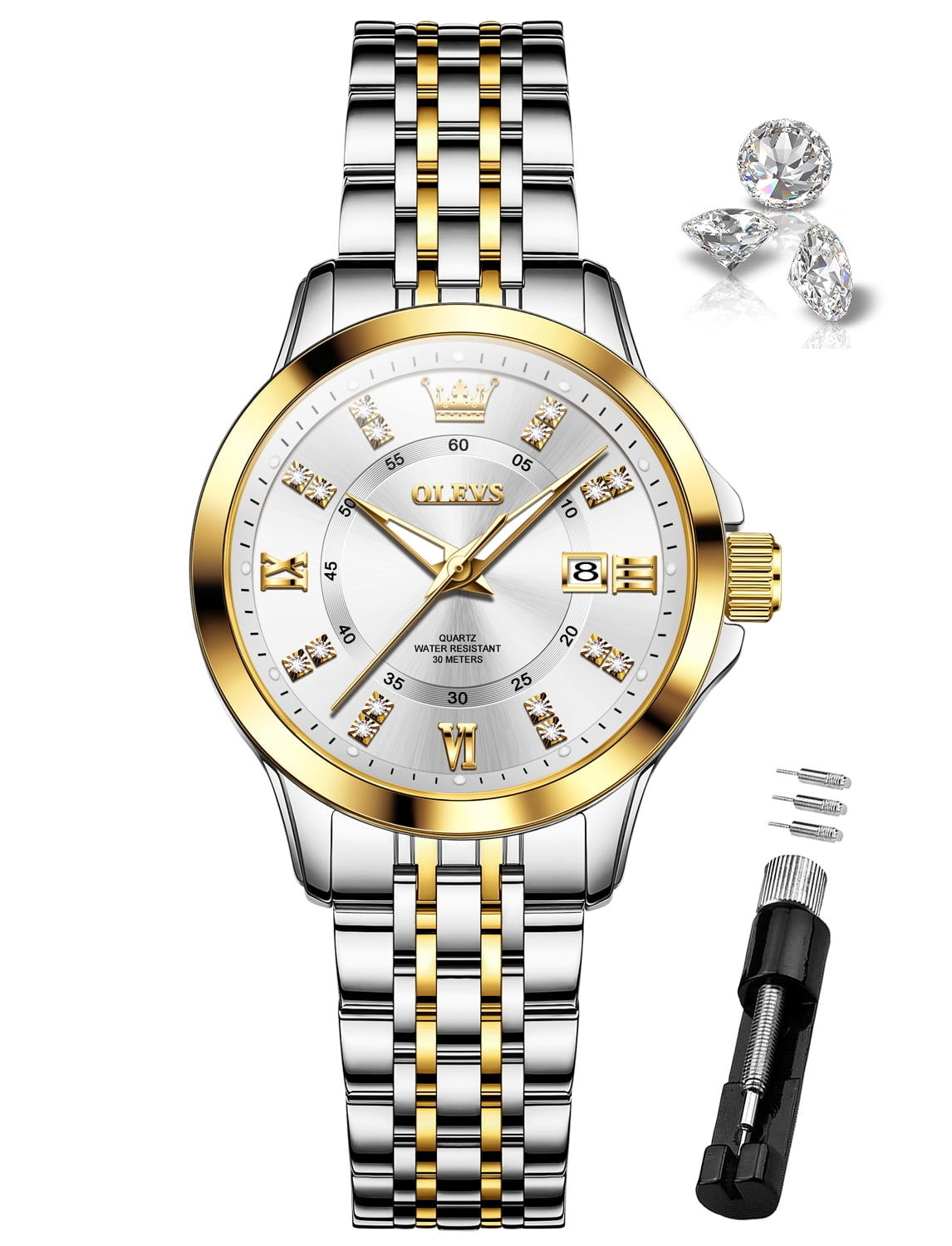 OLEVS Women's Luxury Diamond Watch, Stainless Steel, Waterproof ...