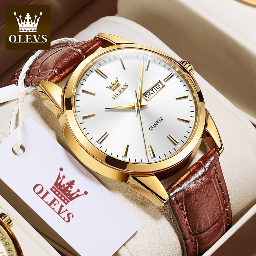 OLEVS Watches for Men Brown Leather Gold Case Analog Quartz Fashion ...