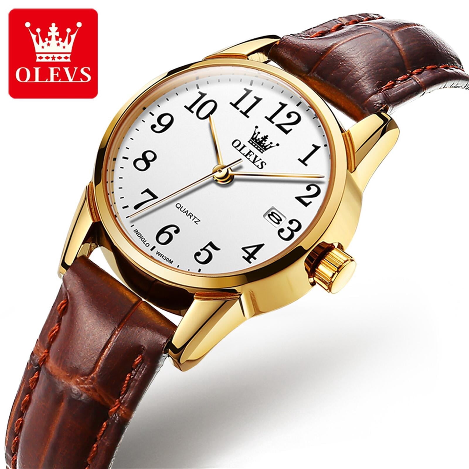 OLEVS Women's Luxury Quartz Watch, Brown Leather Strap, 27mm Case ...