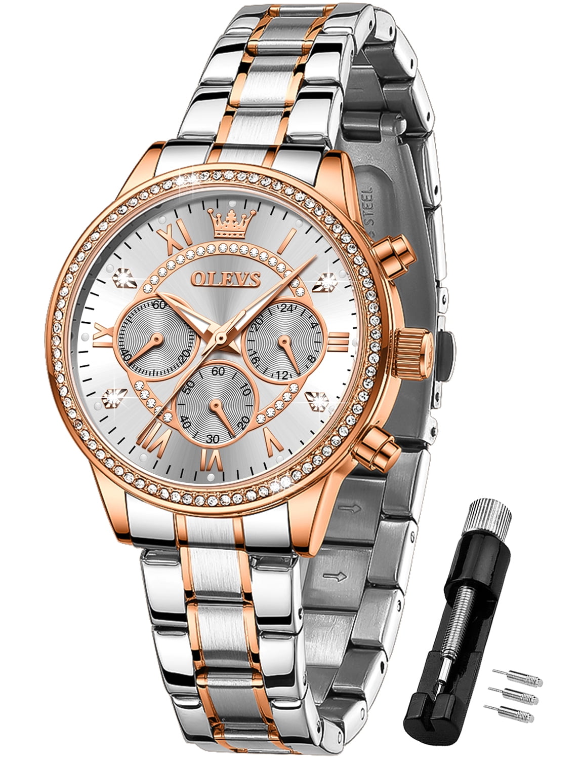 OLEVS Watches for Women Rose Gold Dress Fashion Diamond Chronograph ...