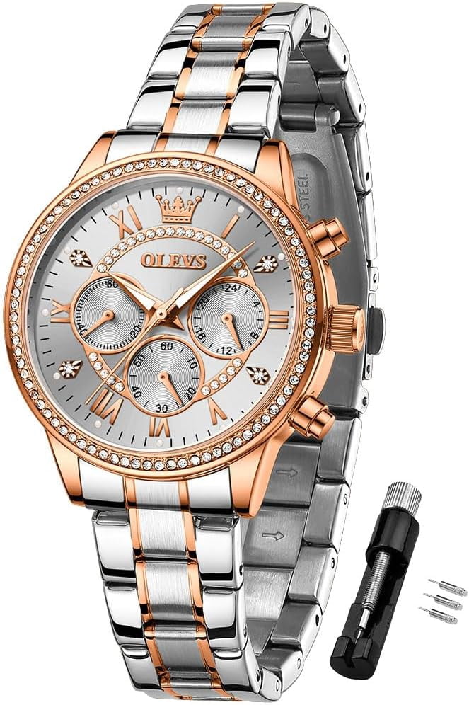 OLEVS Watches for Women Rose Gold Dress Fashion Diamond Chronograph ...