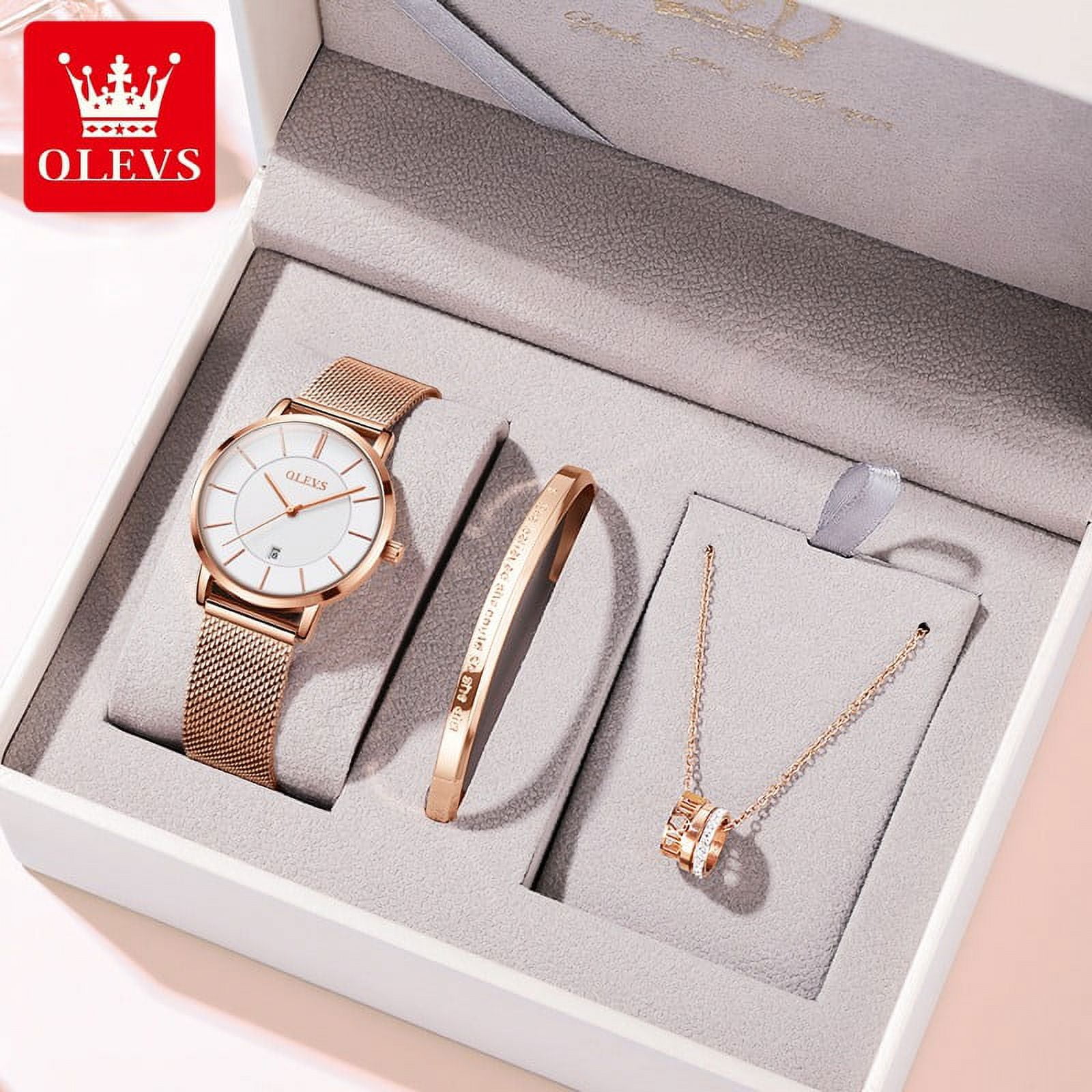 OLEVS Women Watch Set with Rose Gold Bracelet Necklace Exquisite Box ...
