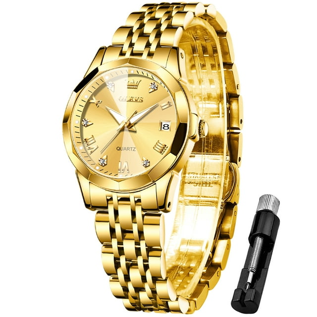 OLEVS Womens Easy-Read Diamond Gold Watch, Luminous Hands, Date Feature ...