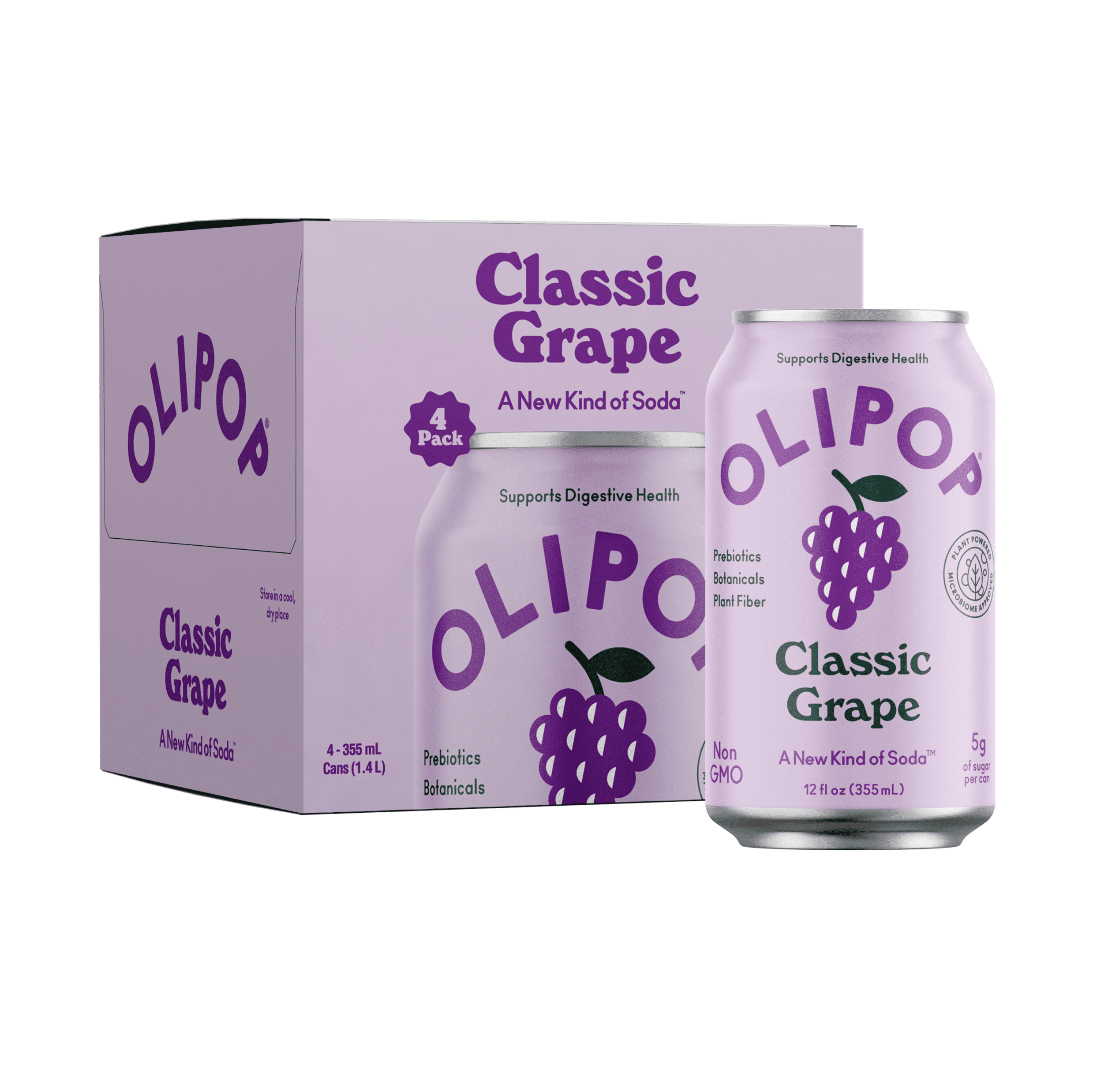 OLIPOP Prebiotic Soda, Classic Grape, 12 fl oz, 4 Pack, Pantry Packs ...