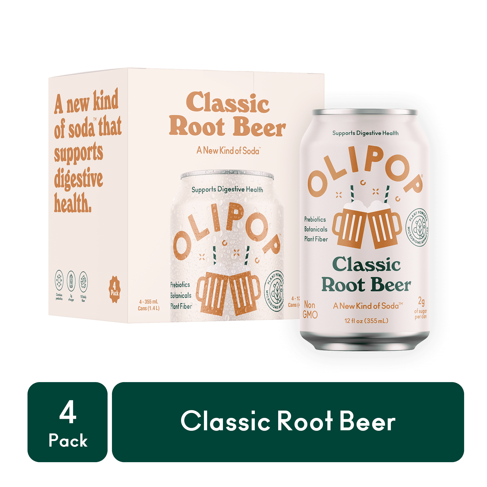 OLIPOP Classic Root Beer Prebiotic Soda, Low Sugar, Digestive Health Support, 12 fl oz, 4 Pack ...