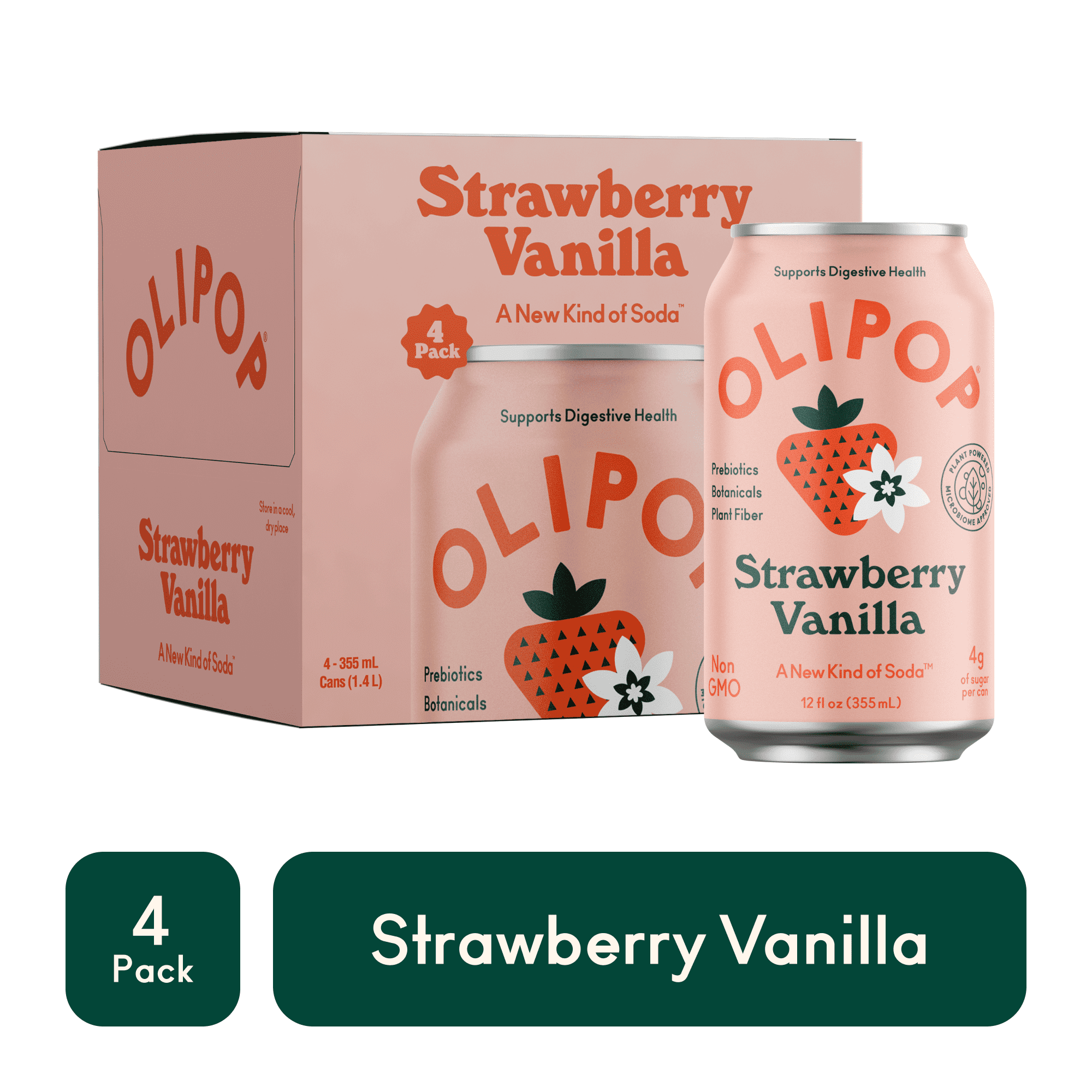 OLIPOP Prebiotic Soda, Strawberry Vanilla, 12 fl oz, 4 Pack, Pantry ...