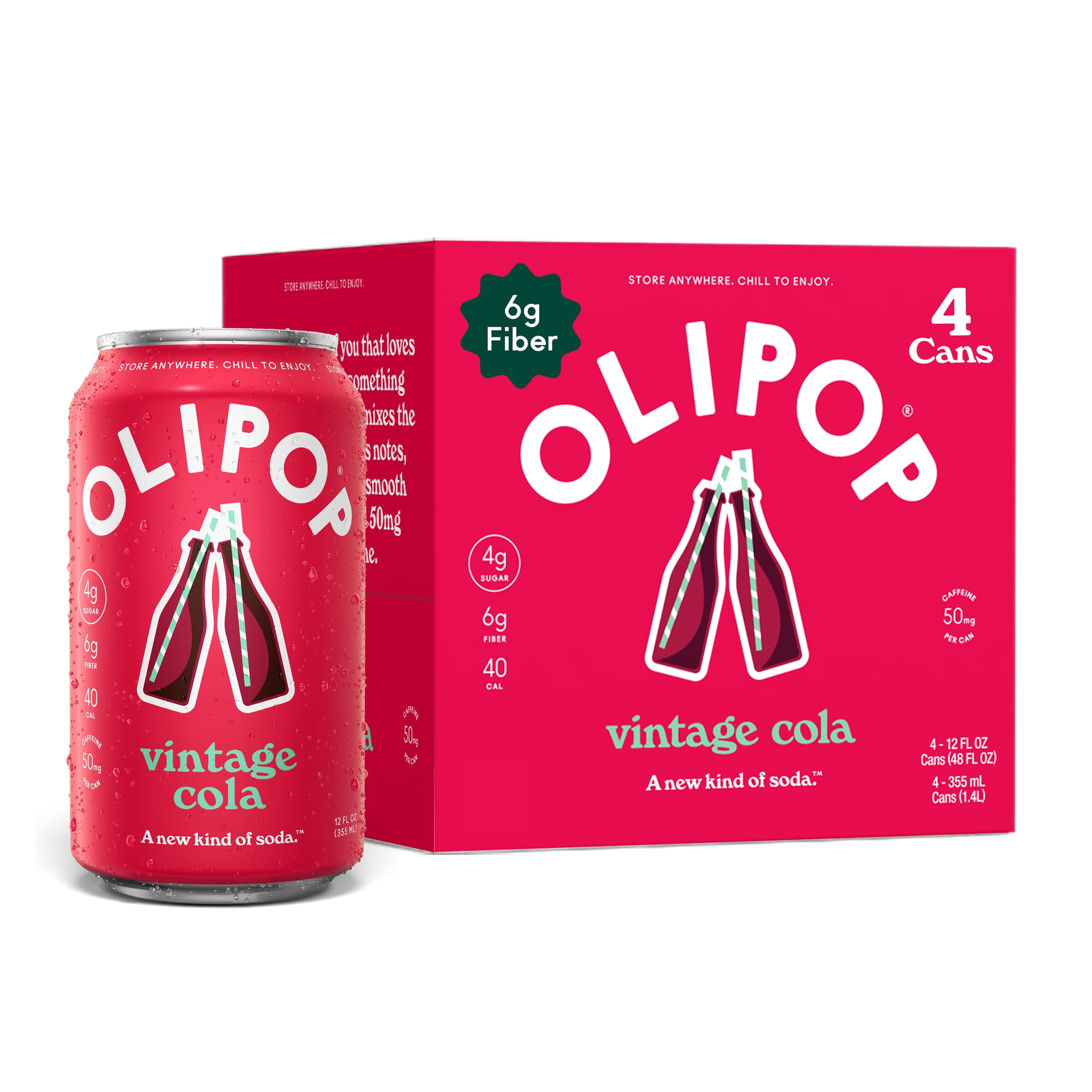 OLIPOP Prebiotic Soda, Vintage Cola, 12 fl oz, 4 Pack, Pantry Packs ...