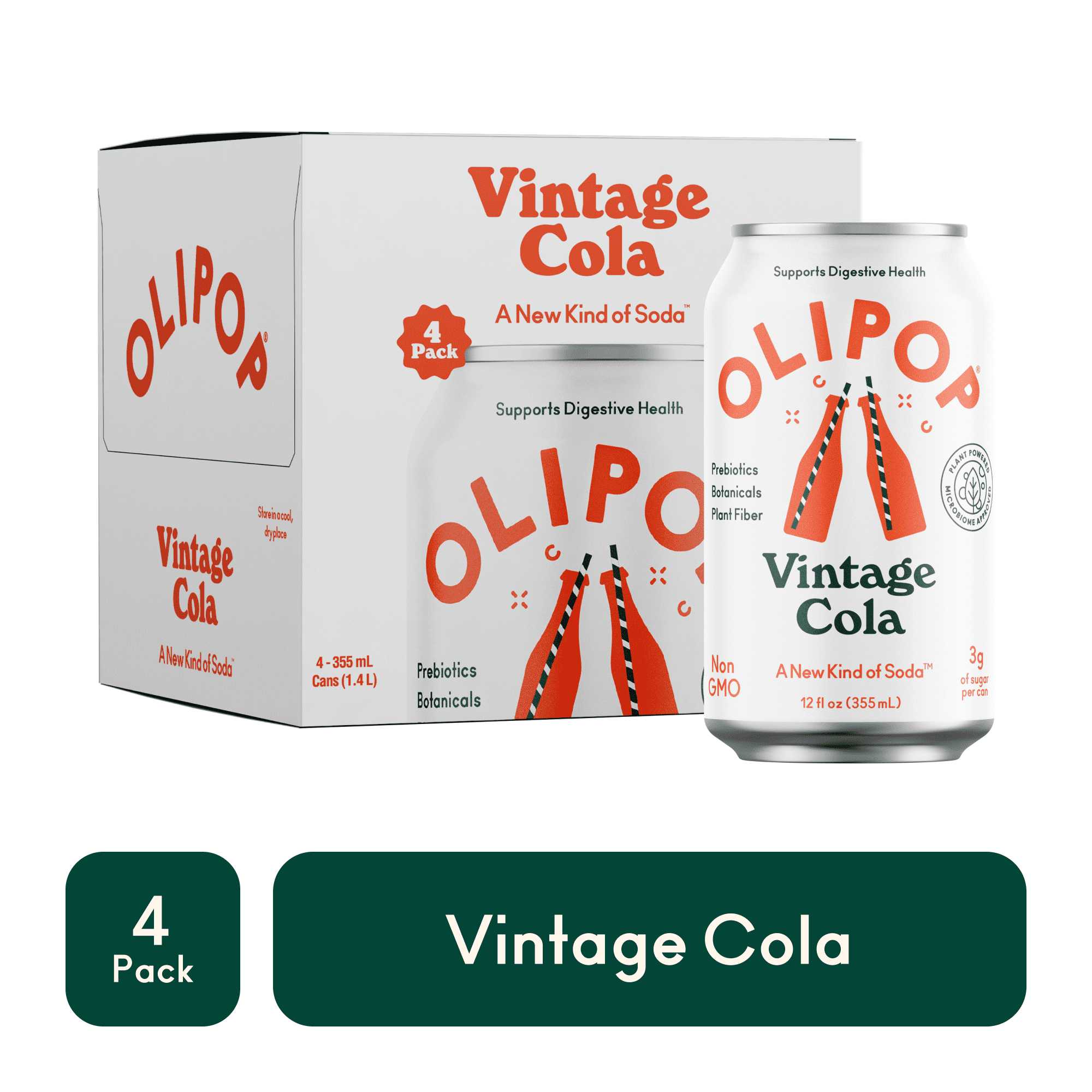OLIPOP Prebiotic Soda, Vintage Cola, 12 fl oz, 4 Pack, Non-Refrigerated - Walmart Business Supplies