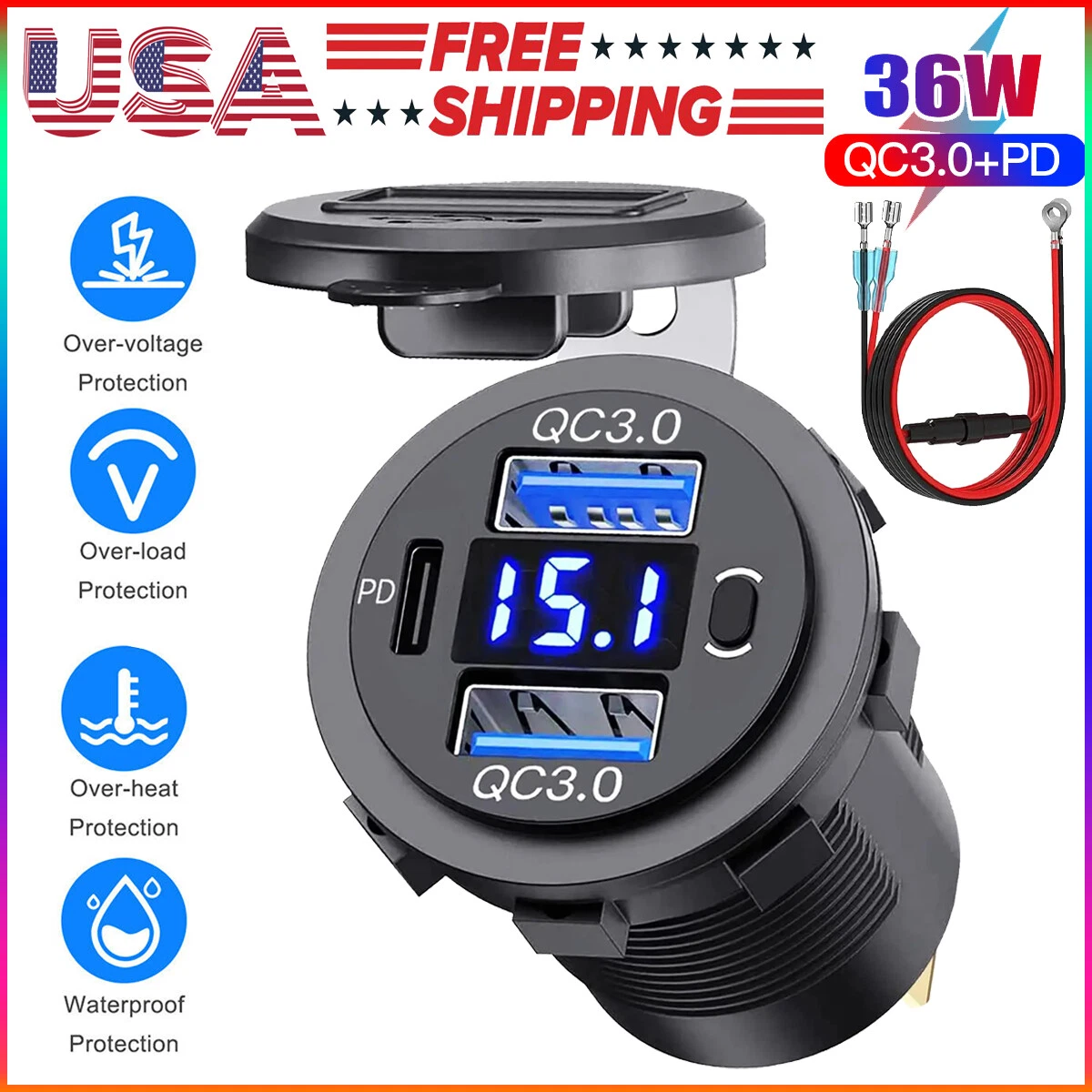 OLIVE- 12V-24V Pd + Qc3.0 Dual Usb Car Fast Charger Power Socket Outlet ...