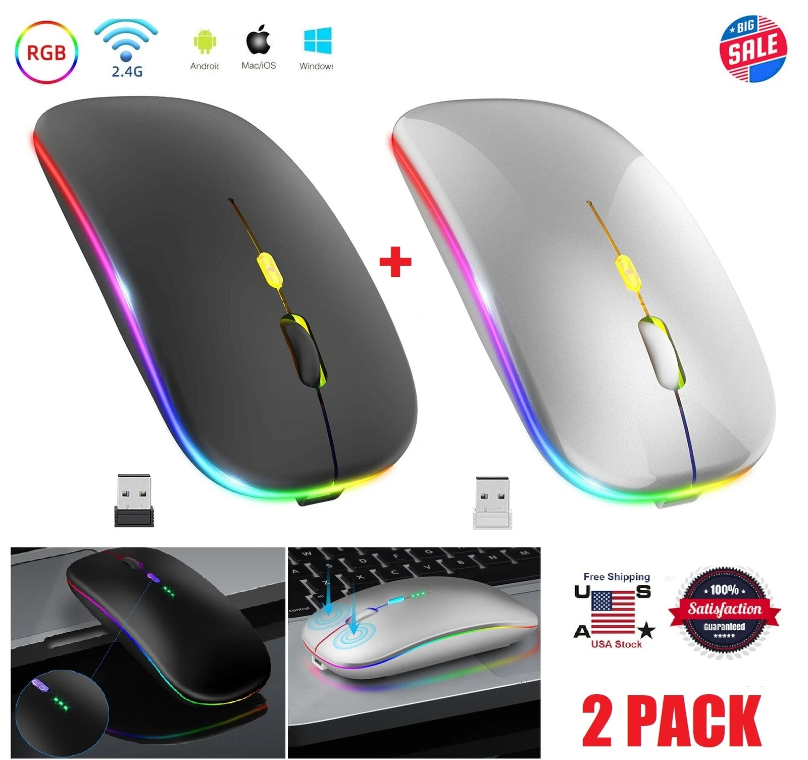 OLIVE- 2× Wireless Bluetooth Optical Mouse Led 2.4Ghz Usb Rechargeable ...
