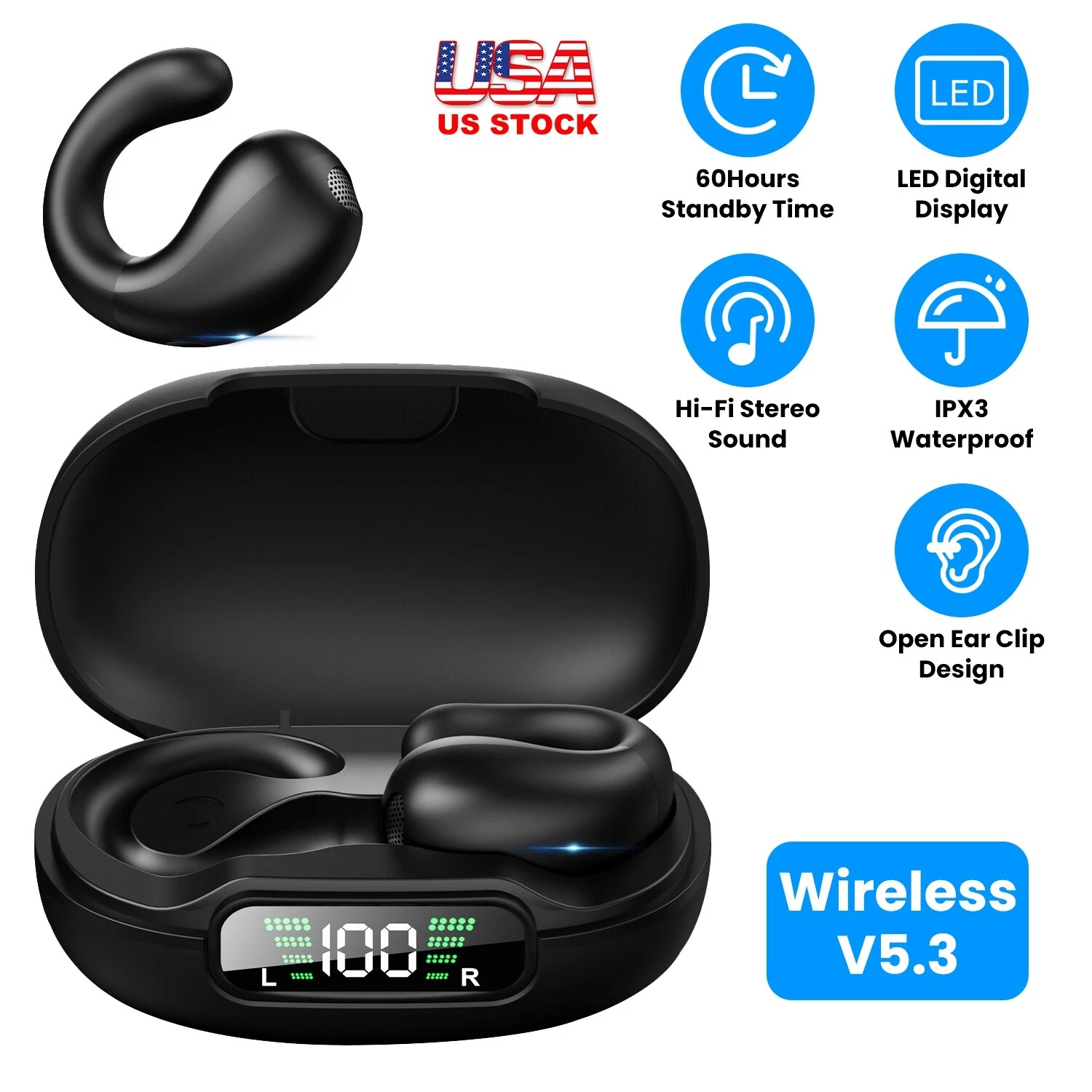 OLIVE- Wireless V5.3 Open Ear Clip Earbuds Over Ear Bone Headphones ...