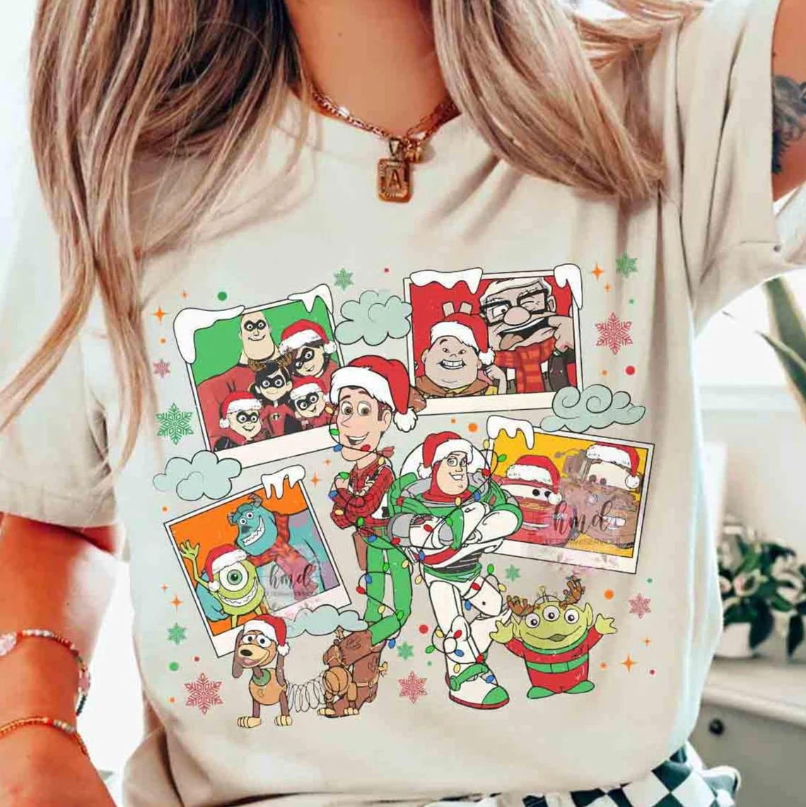 OLLIVO Vintage Disney Pixar Characters Holiday Photos Shirt, Cars Snow ...