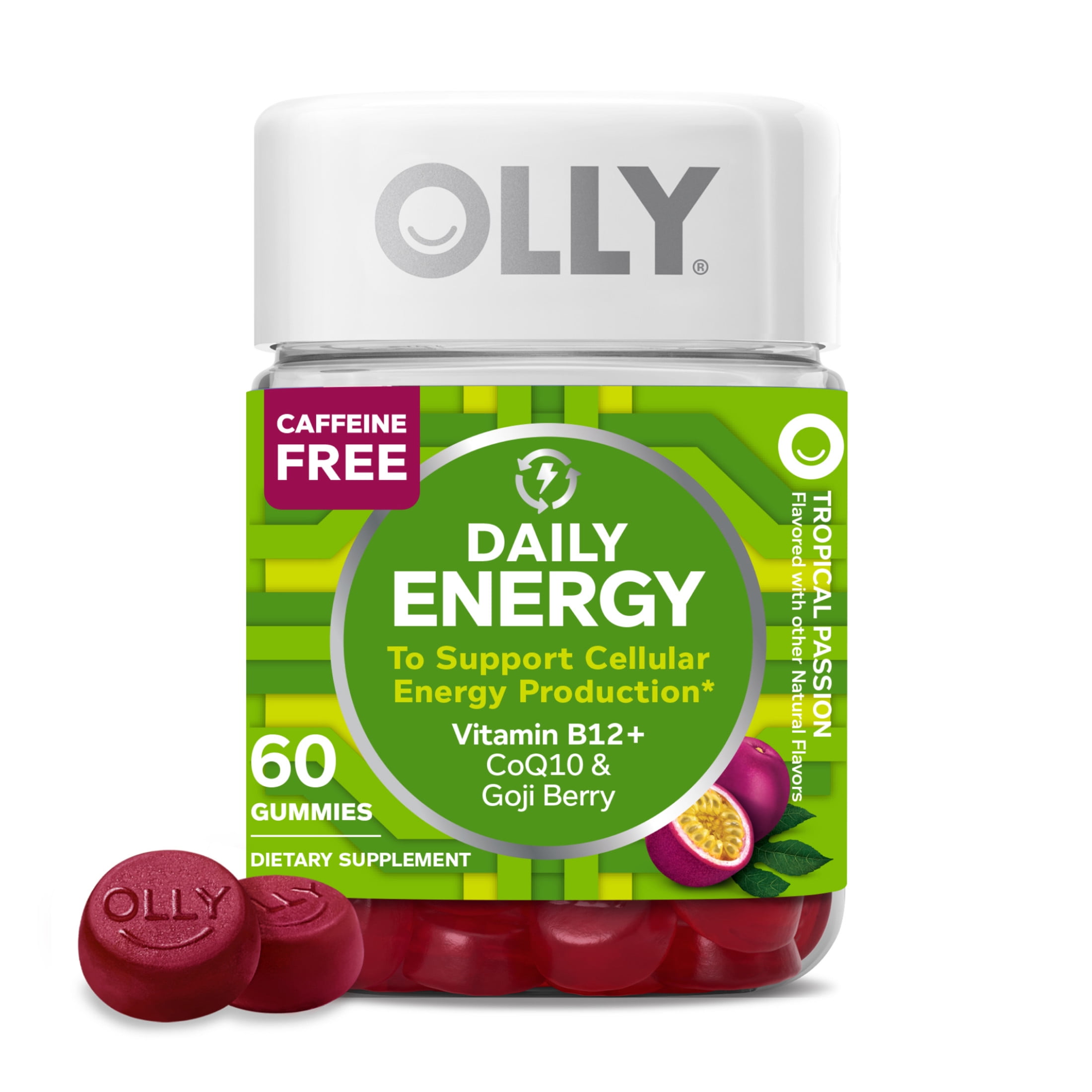 OLLY Daily Energy Gummy Supplement with CoQ10 & B12, Caffeine Free, Tropical Flavor, 60 Ct ...