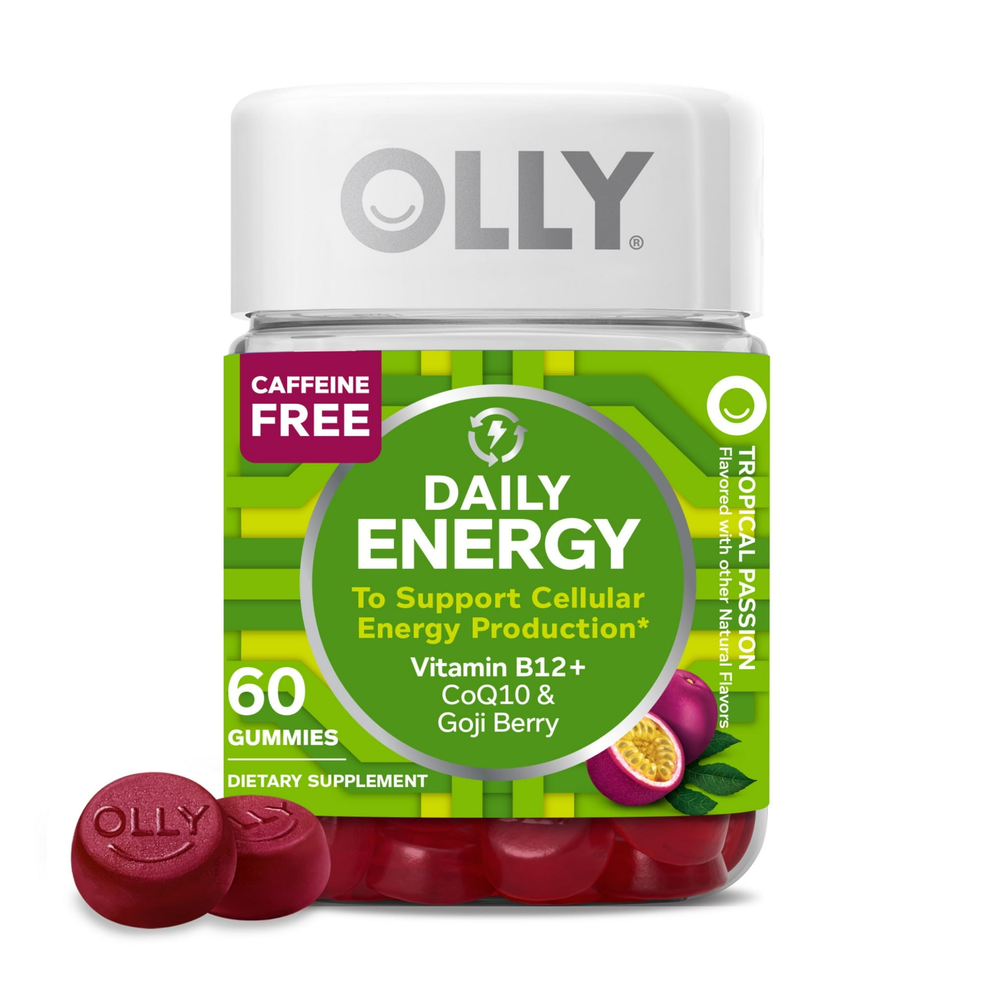 OLLY Daily Energy Gummy Supplement with CoQ10 & B12, Caffeine Free, Tropical Flavor, 60 Ct ...