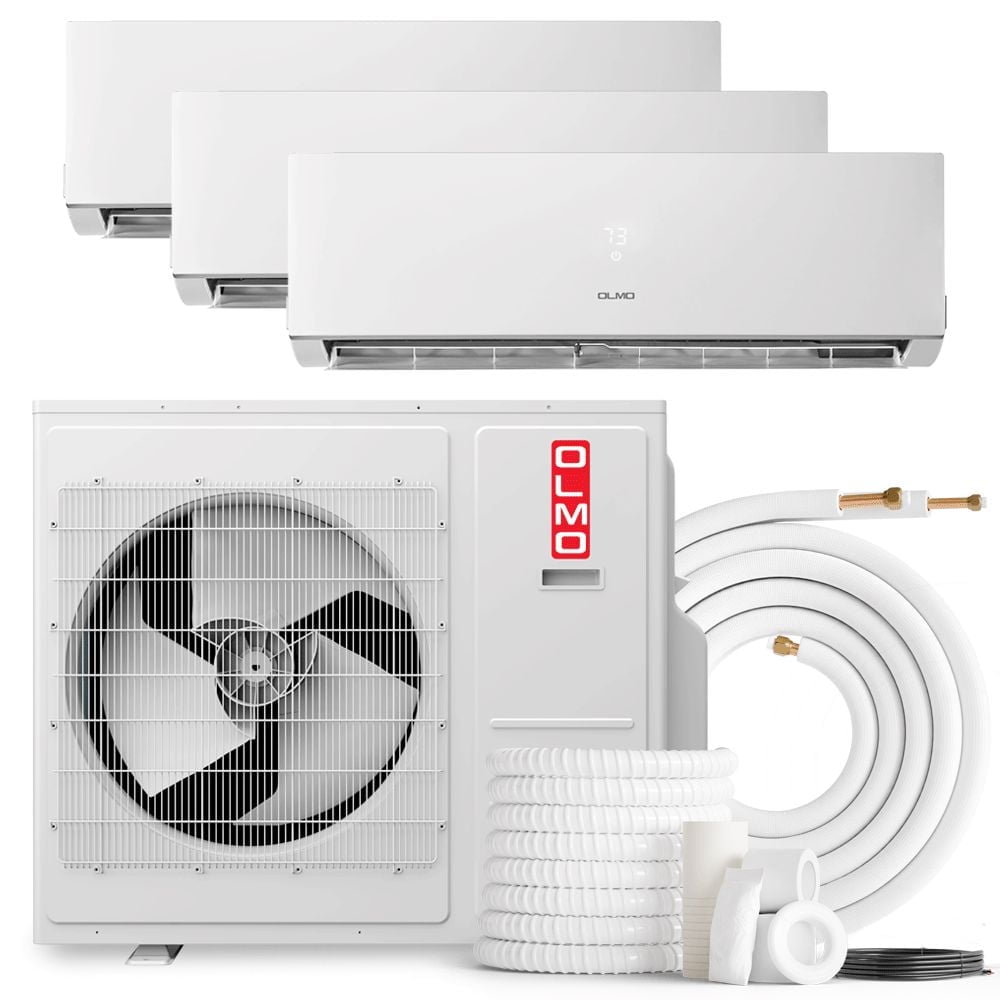 OLMO 24,000 BTU Tri Zone 9000 + 9000 + 9000 BTU Wall Mount Ductless Mini Split A/C and Heater ...