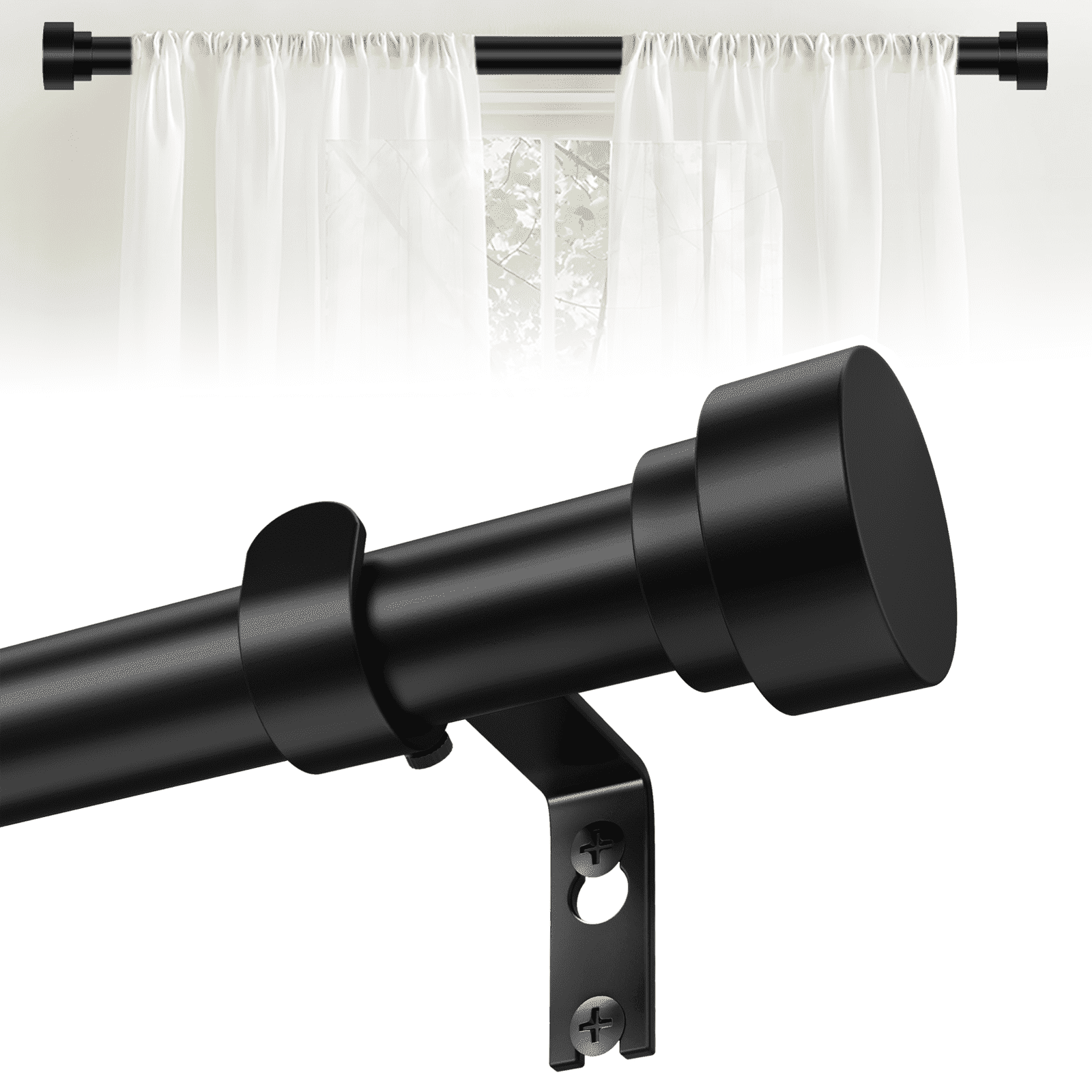 OLV 1" Heavy Duty Adjustable Black Curtain Rods for Windows, Modern ...