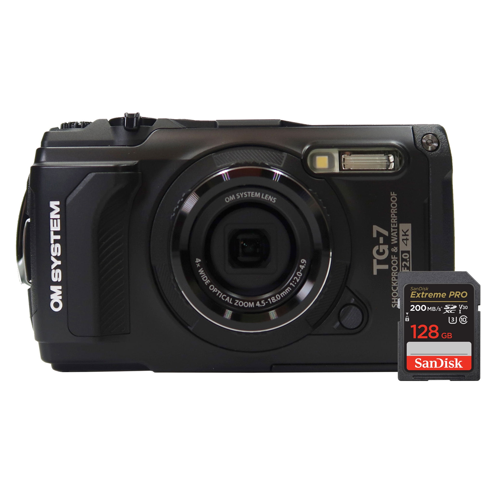 OM SYSTEM Tough TG-7 Digital Camera (Black) with SanDisk Extreme Pro 128GB SDXC Memory Card ...