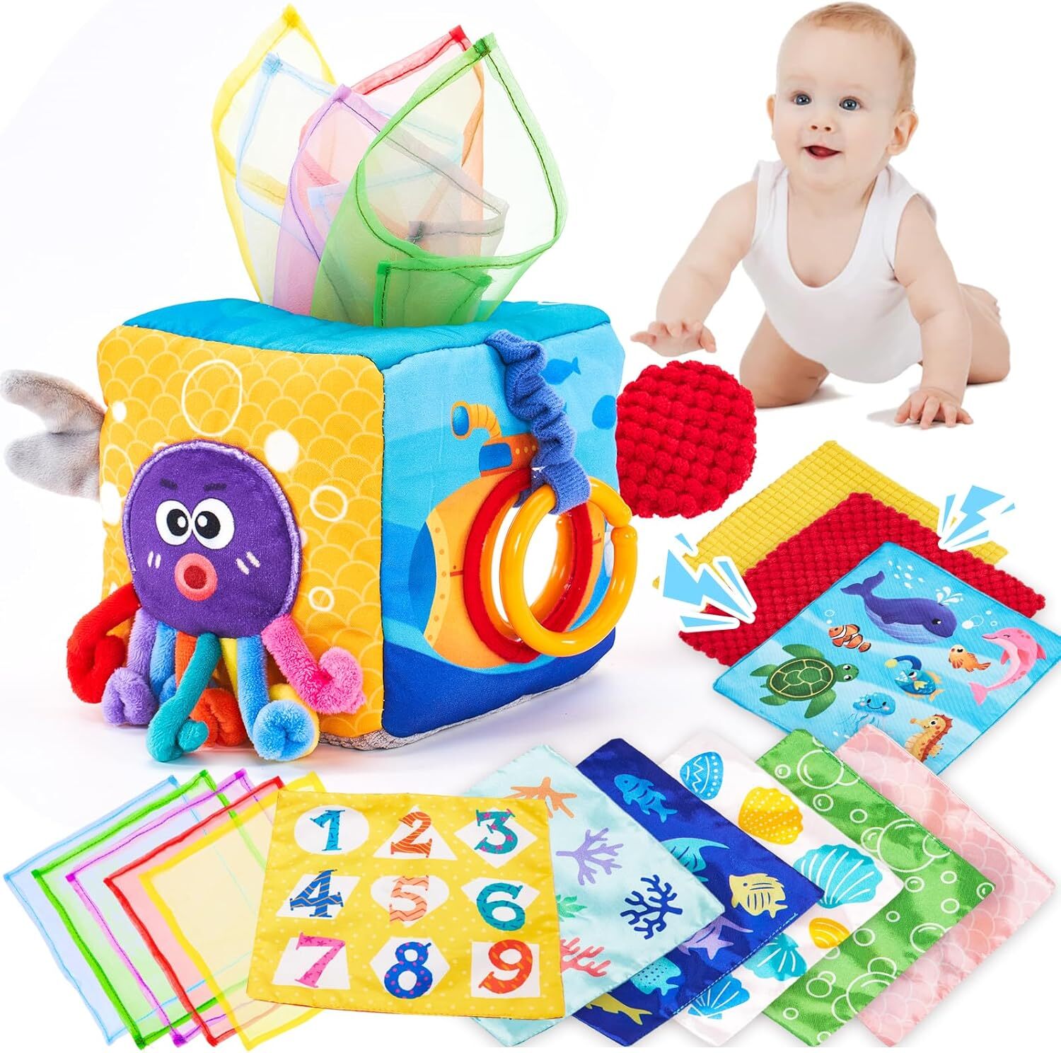 OMA-Baby Tissue Box Toy with Textured Tails, Crinkle Tissues, Squeaky ...