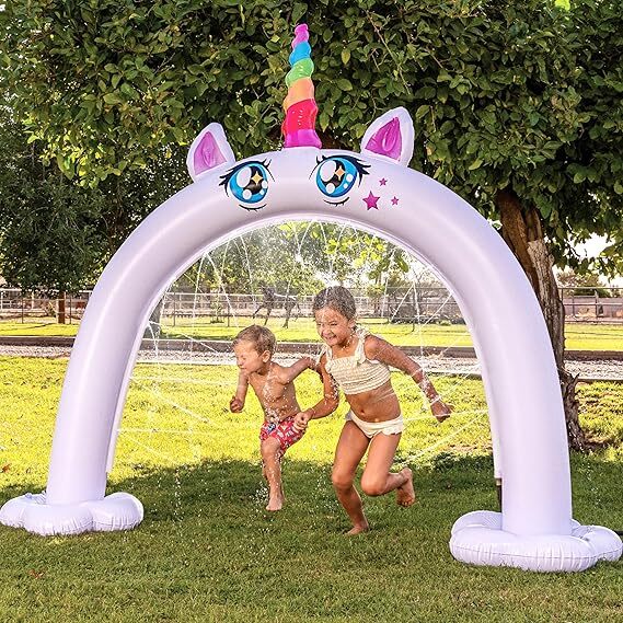 OMA-Inflatable Ride-On Unicorn with Sprinkler Arch – Summer Water Toy ...