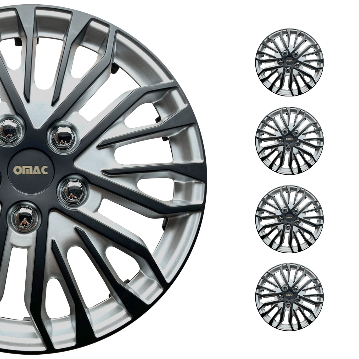 OMAC Silver & Matt Black ABS Hub Caps 14 Inch Set of 4, Tapas para ...