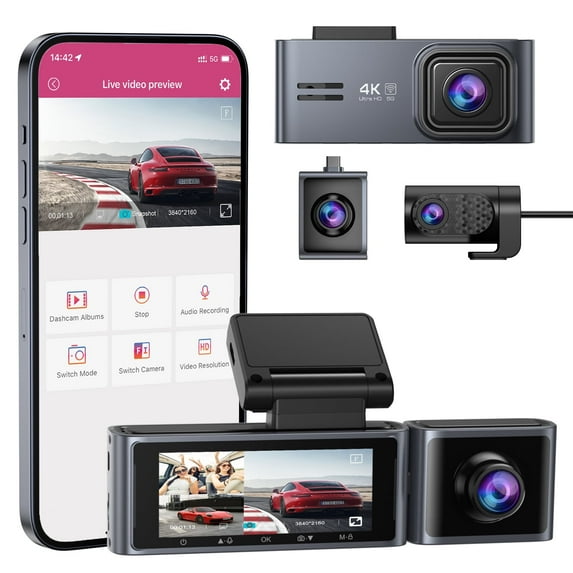 OMBAR Dash Cam 5G WiFi GPS, 3 Channel Dash Cam Front and Rear Inside 2K ...