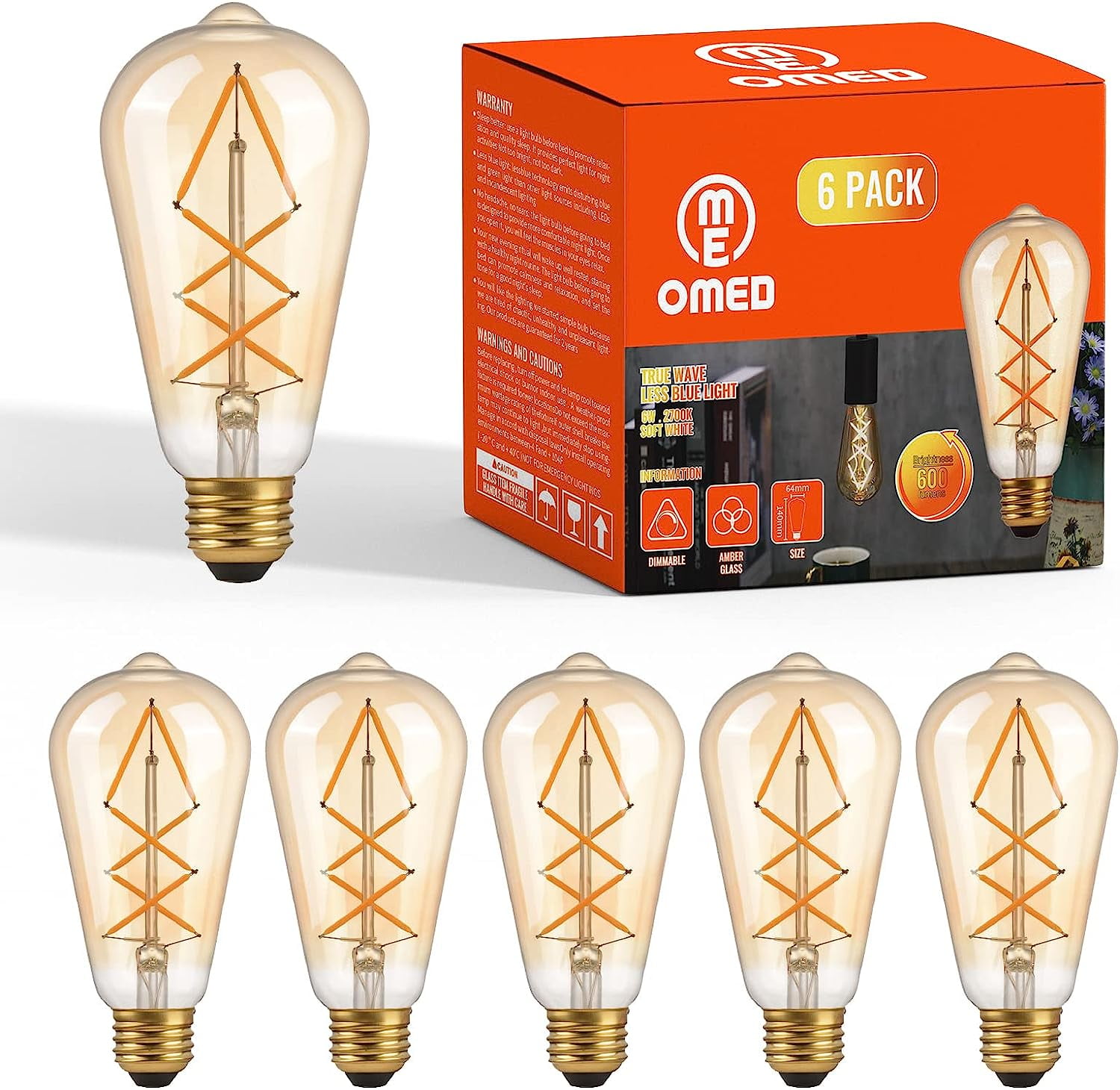 OMED Edison Bulbs Led Light 60W Equivalent, 6 Watt Dimmable Warm White 2700K Amber Glass ...