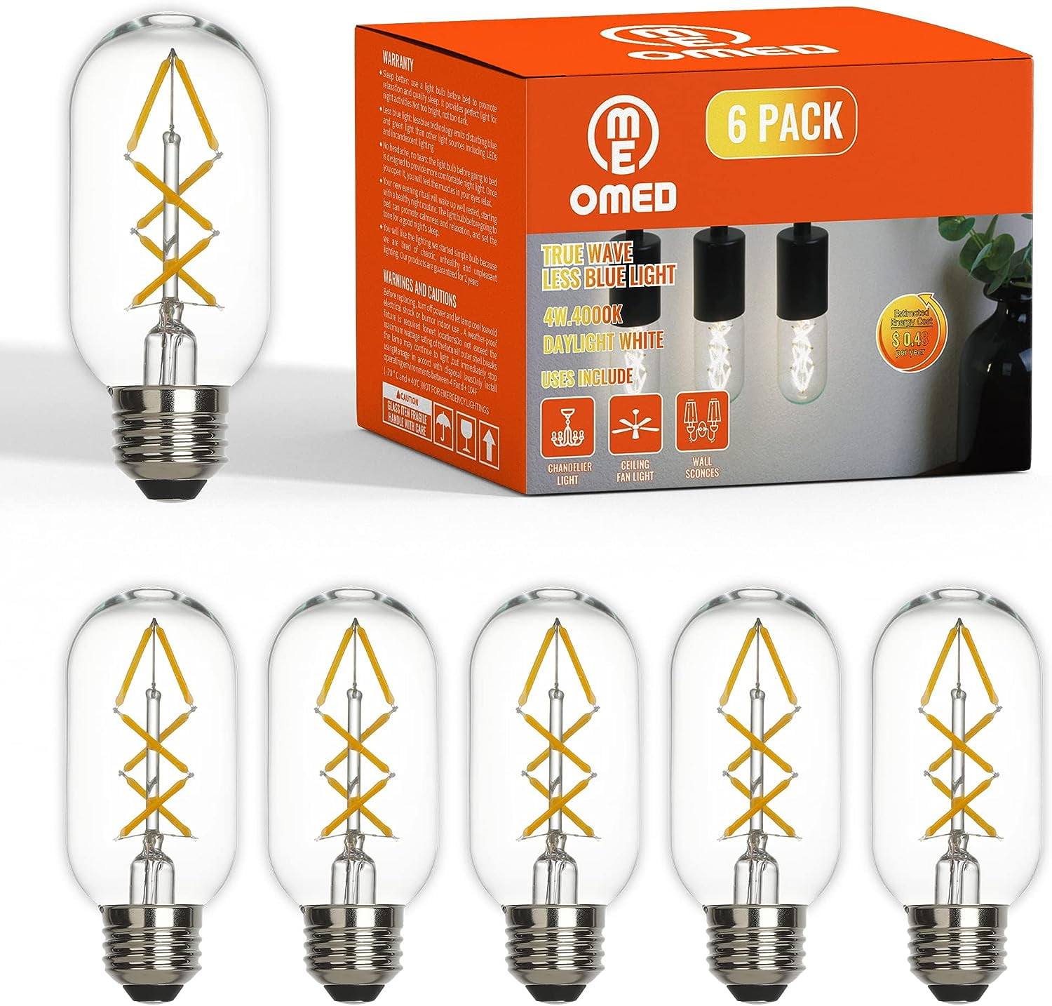 OMED Fishbone LED Filament Vintage Edison Light Bulbs, T45/T14 E26 4W ...